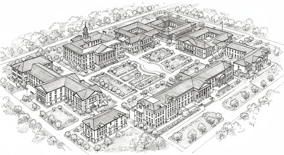 A Detailed Architectural Sketch of a Large Complex, Featuring Several ...