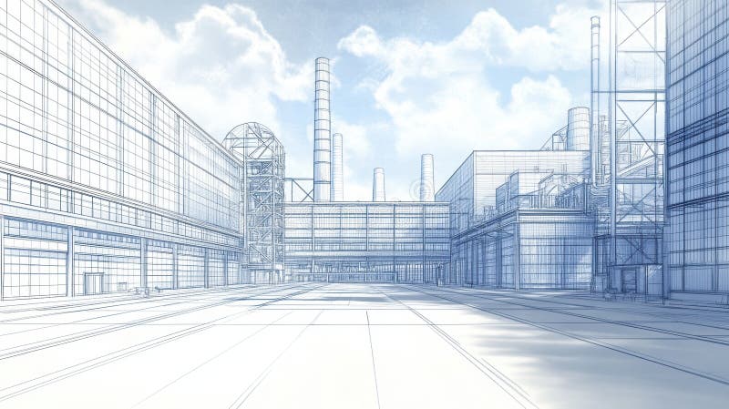 Detailed Architectural Sketch of a Large Industrial Facility Complex ...