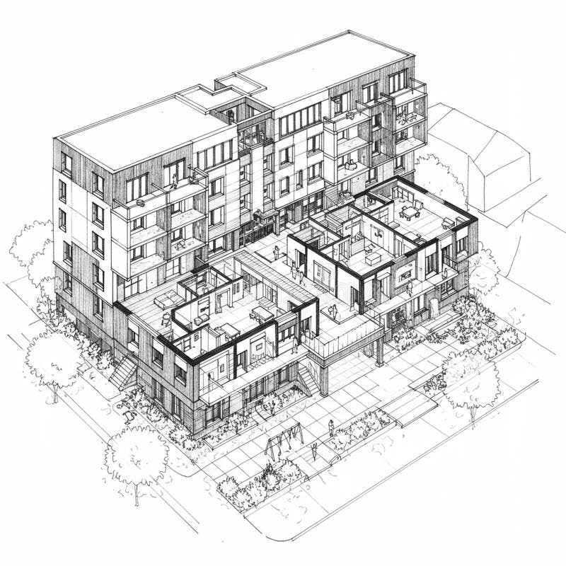 Detailed Architectural Sketch of Modern Multi-Story Building. Stock ...