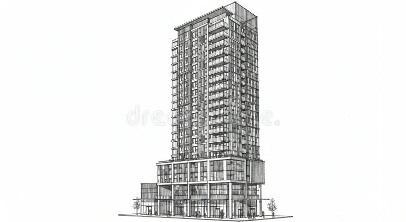 A Detailed Architectural Sketch of a Modern High-rise Building ...