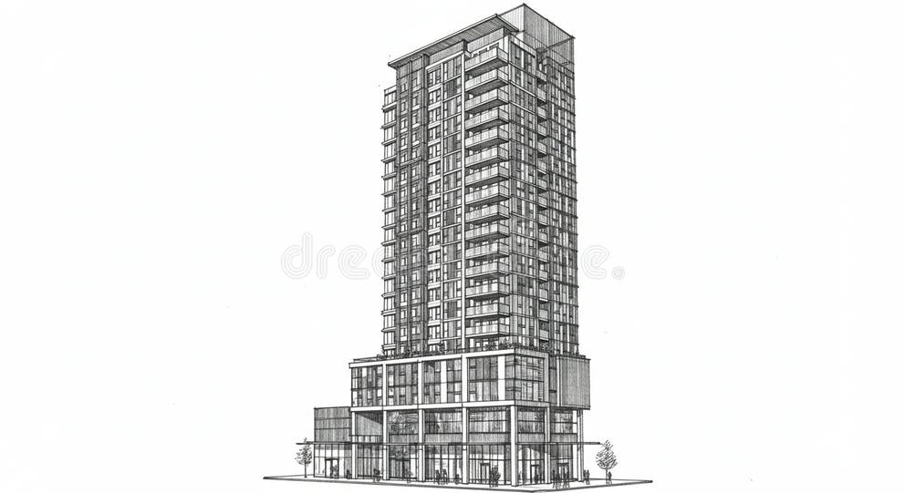 A Detailed Architectural Sketch of a Modern High-rise Building ...