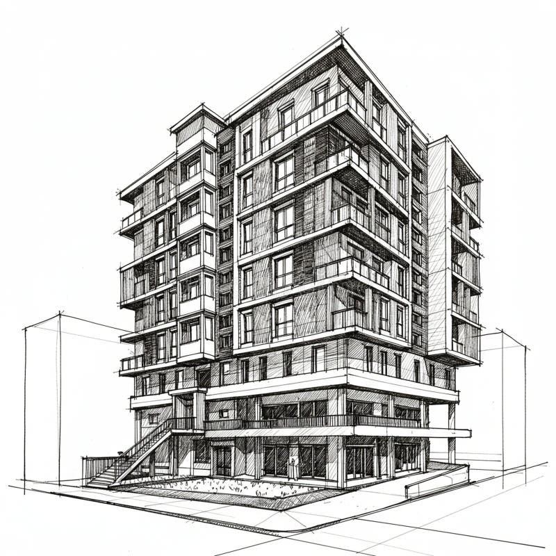 Detailed Architectural Sketch of Modern Multi-Story Building. Stock ...