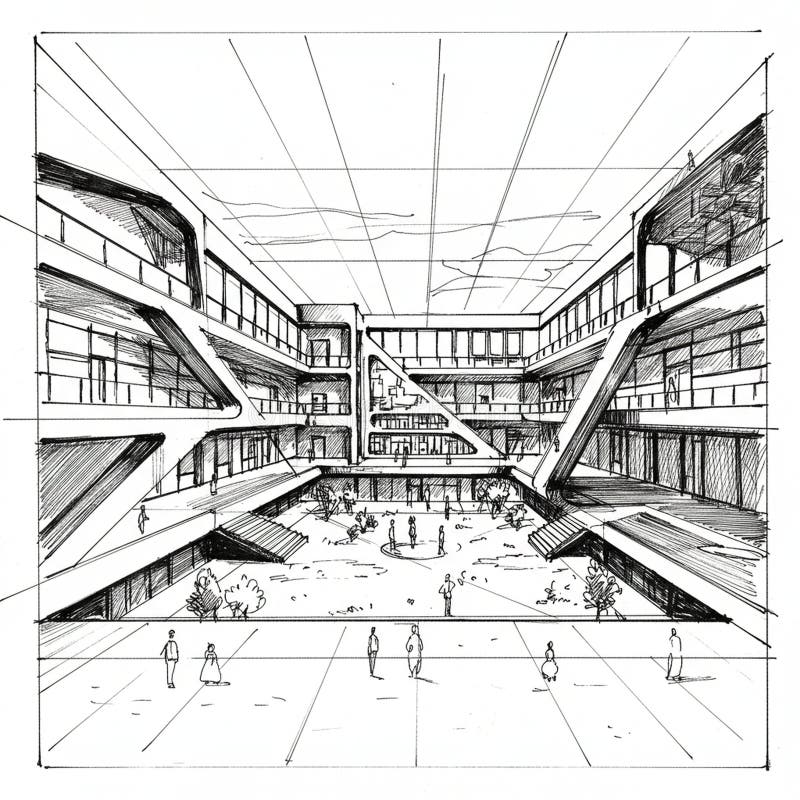Detailed Architectural Sketch of Modern Multi-Story Building. Stock ...