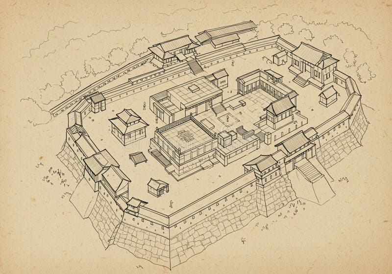 A Detailed Architectural Sketch of a Traditional Korean Fortress ...