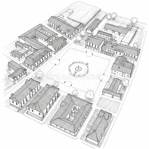 A Detailed Architectural Sketch of a Village Layout Features Several ...