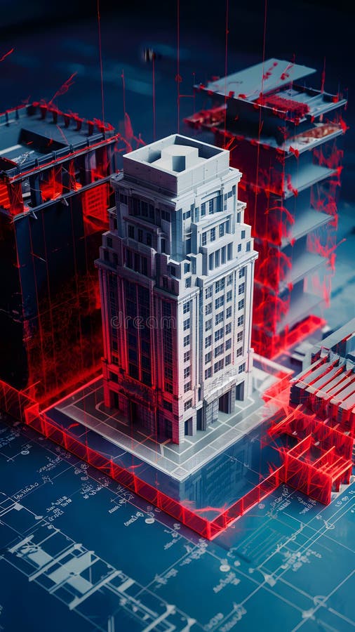 Detailed Architectural Tableau with 3D Building Model, Blueprints ...