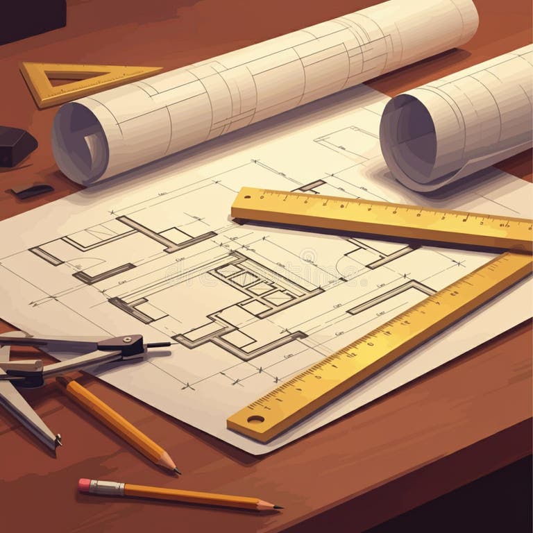 A Detailed Architectural Workspace Features Rolled Blueprints, Drafting Tools, and a Stock ...