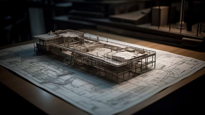 Detailed Architecture Model and Blueprints on Drafting Table for Review ...