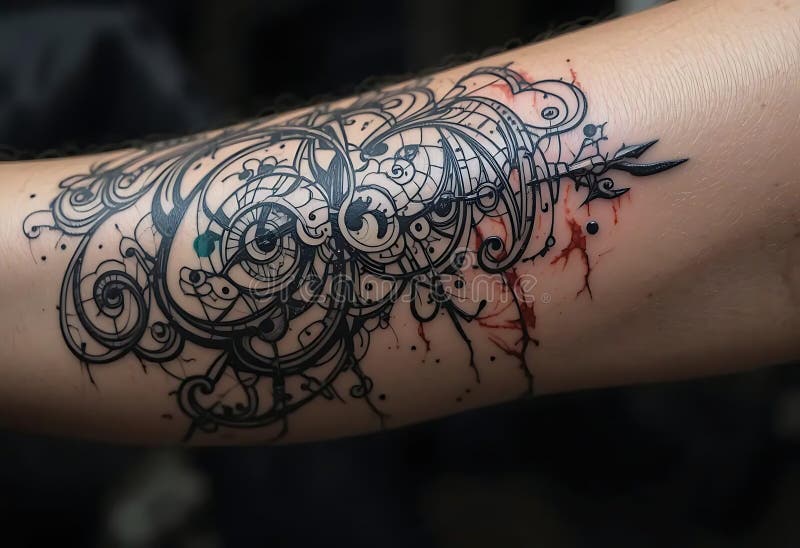 Arm Tattoo Intricate Line Work with Dark Splatters Design Stock Image ...