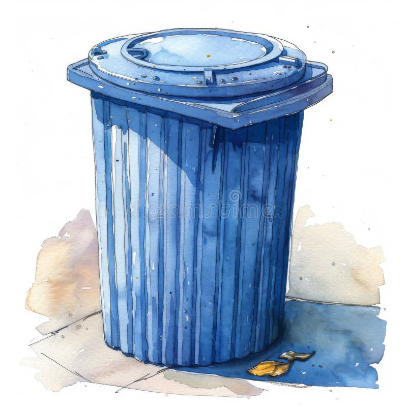 A Detailed Artistic Watercolor Illustration of a Blue Garbage Bin ...