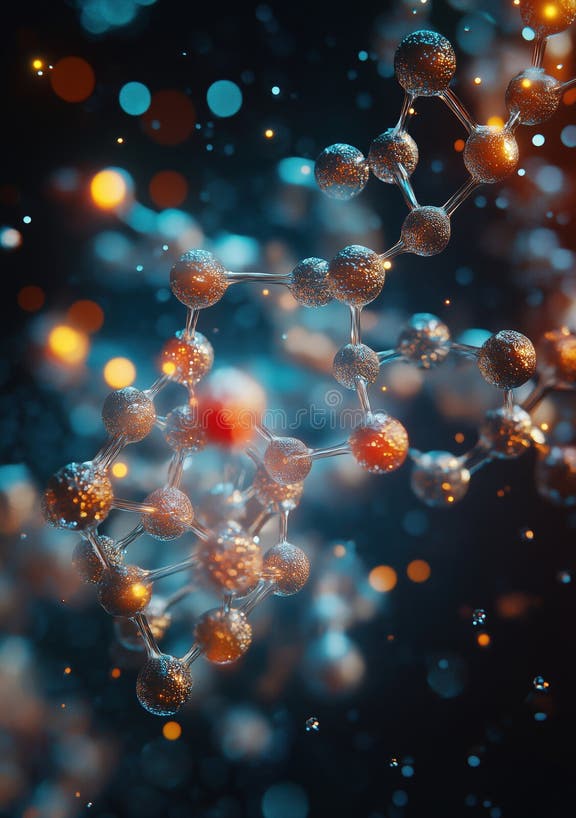 Detailed Atom Structure Visual with Bright Blue and Gold Bokeh ...