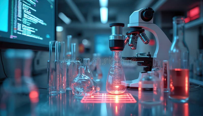 Detailed Biotech Lab Scene with Microscope, Glassware, Holographic Data ...