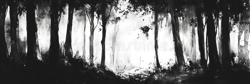 A Detailed Black Ink Sketch Captures a Dense Forest at Dusk, Showcasing ...