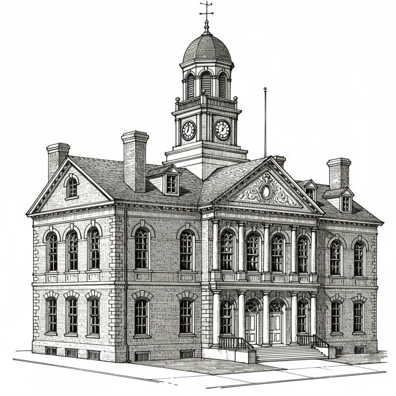 A Detailed Black-and-white Architectural Drawing of a Neoclassical ...