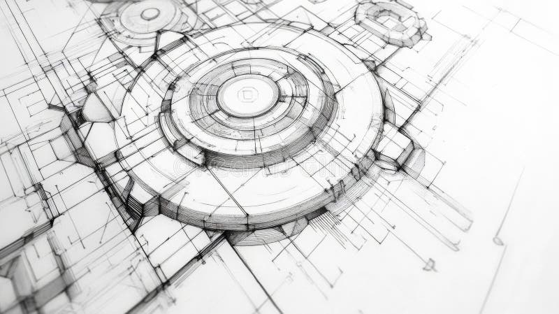 Detailed Black and White Architectural Sketch of Circular Structure ...