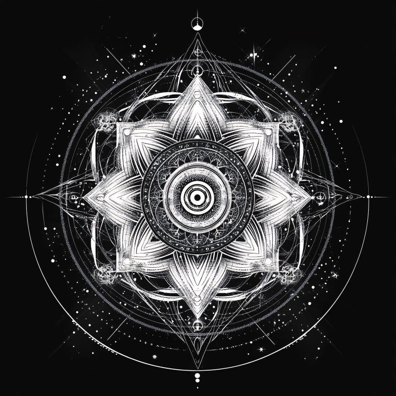 Detailed Black and White Artwork Featuring a Celestial Mandala Design ...