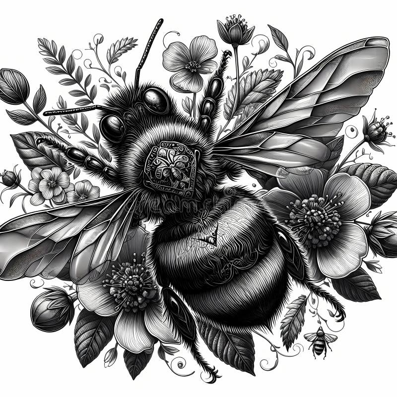 Detailed Black and White Botanical Bee Tattoo Art Stock Photo - Image ...