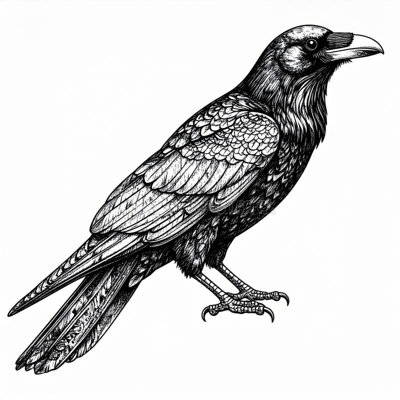 Detailed Black and White Crow Drawing Stock Illustration - Illustration ...