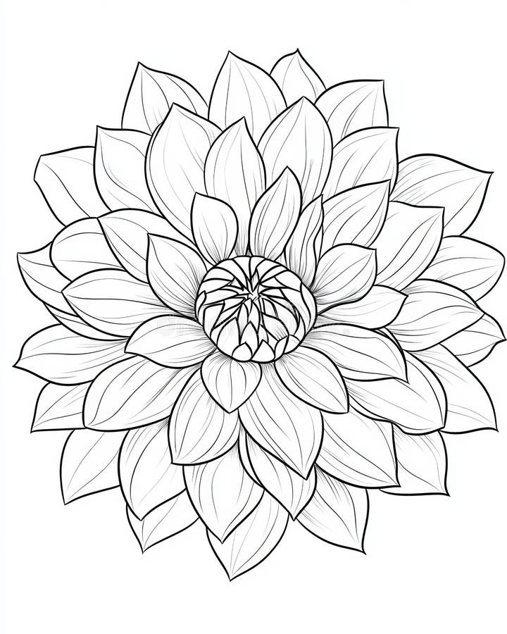 Detailed Black and White Dahlia Drawing with Multiple Petals Stock ...