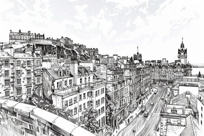 Detailed Black and White Drawing of a City, Perfect for Architectural ...