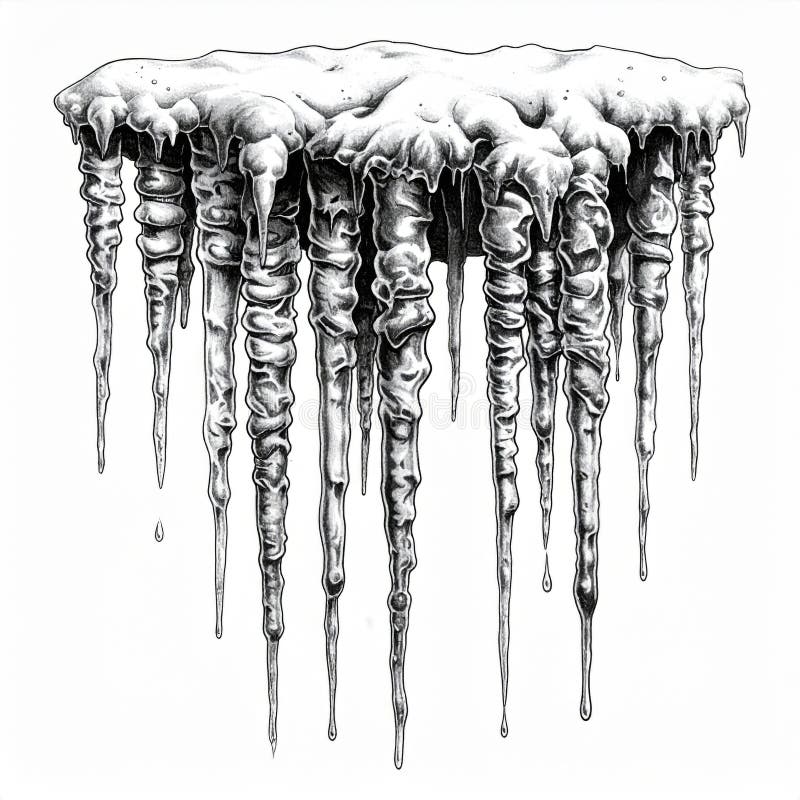 Detailed Black and White Drawing of a Collection of Jagged Icicles ...
