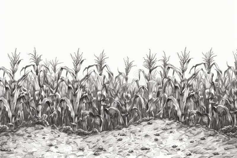 Detailed Black and White Drawing of a Cornfield. Suitable for ...