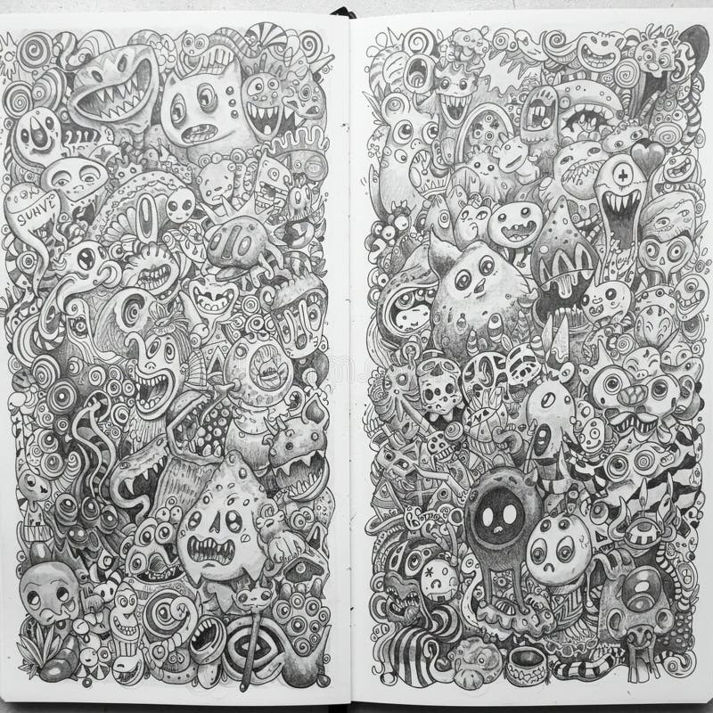 A Detailed, Black-and-white Drawing Filled with a Dense Array of ...