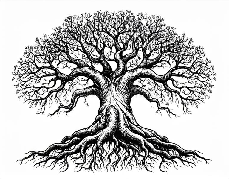 Detailed Black and White Drawing of a Large Tree with Extensive Roots ...