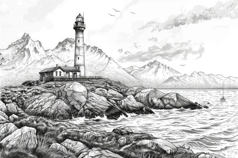 Detailed Black and White Drawing of a Lighthouse. Perfect for ...