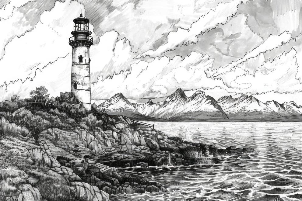 Detailed Black and White Drawing of a Lighthouse, Perfect for ...