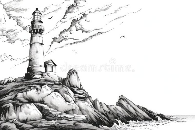 Detailed Black and White Drawing of a Lighthouse. Suitable for ...