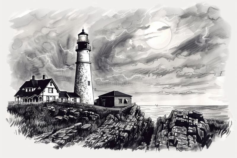 Detailed Black and White Drawing of a Lighthouse. Suitable for Various ...