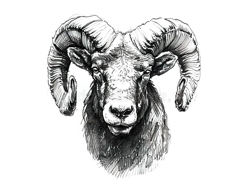 A Detailed Black and White Drawing of a Majestic Ram with Large ... A Detailed Black and White Drawing of a Majestic Ram with Large ...