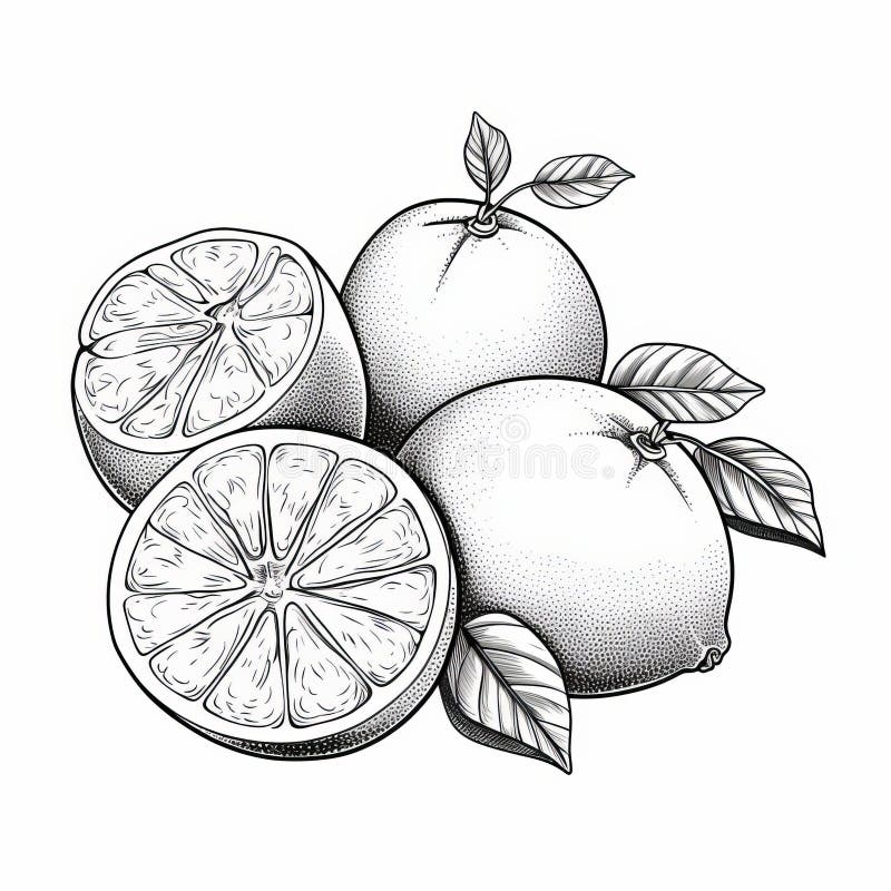 Detailed Black and White Drawing of Oranges with Strong Linear Elements ...