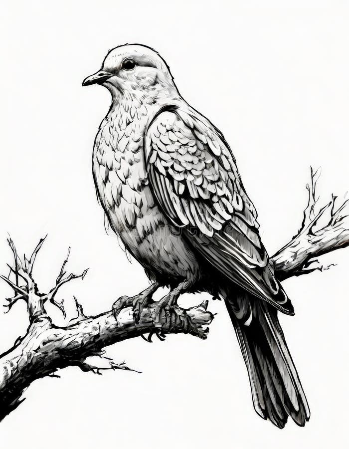 Detailed Black and White Drawing of a Perched Dove Stock Illustration ...