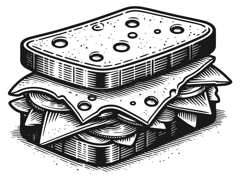 Detailed Black and White Drawing of a Stacked Sandwich with Cheese ...