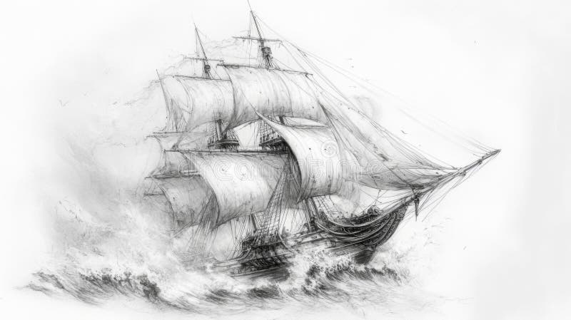 Detailed Black and White Drawing of a Three Mast Ship Sailing in Rough ...