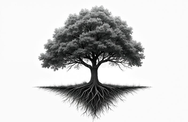 Detailed Black, White Drawing of Tree with Dense Foliage, Exposed Root ...
