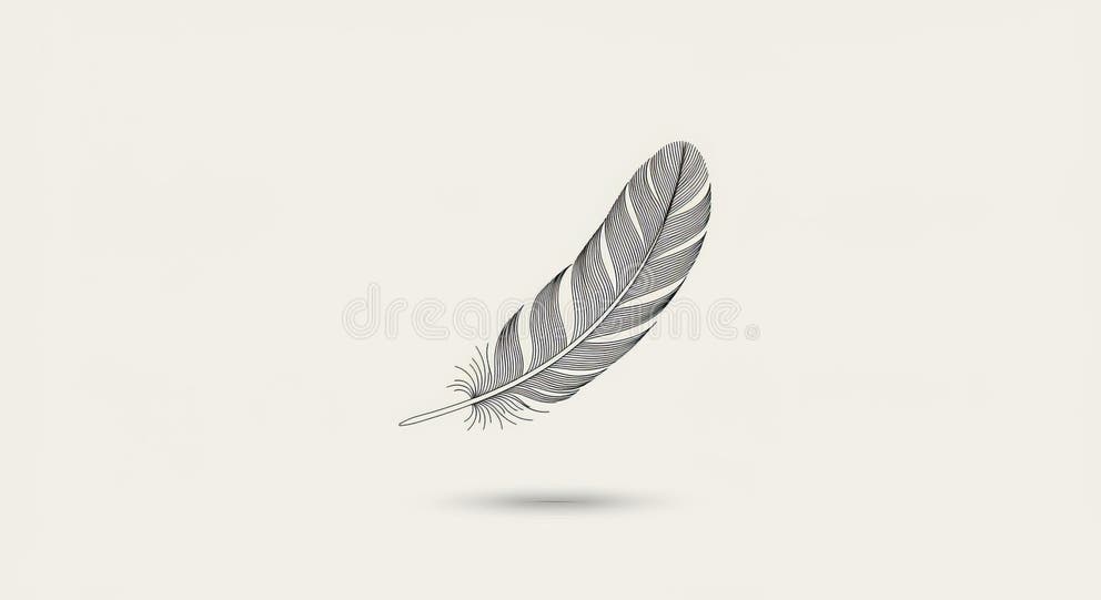 Detailed Black and White Feather Drawing with Subtle Shadow on Light ...