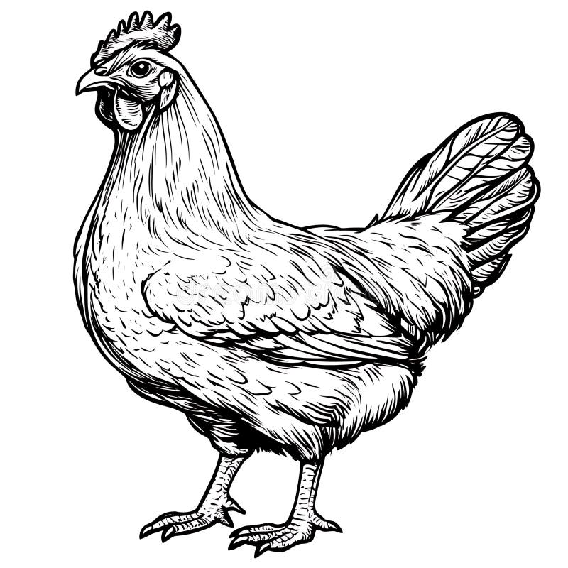 Detailed Black and White Hen Coloring Page for Adults Stock ...