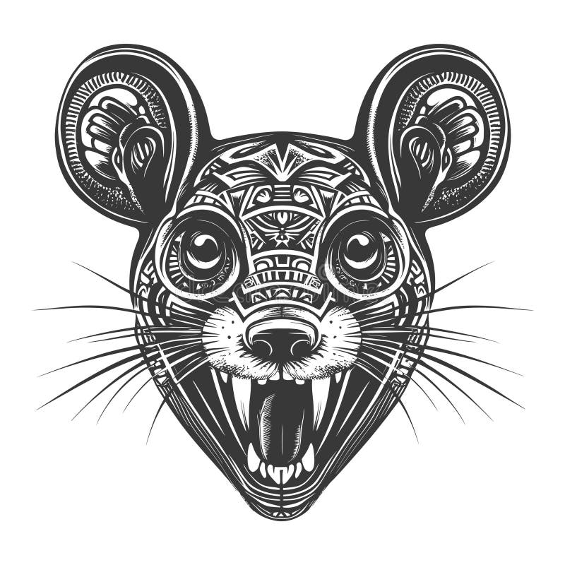 Stylized Mouse Head with Tribal Ornamentation, Intricate Black and ...
