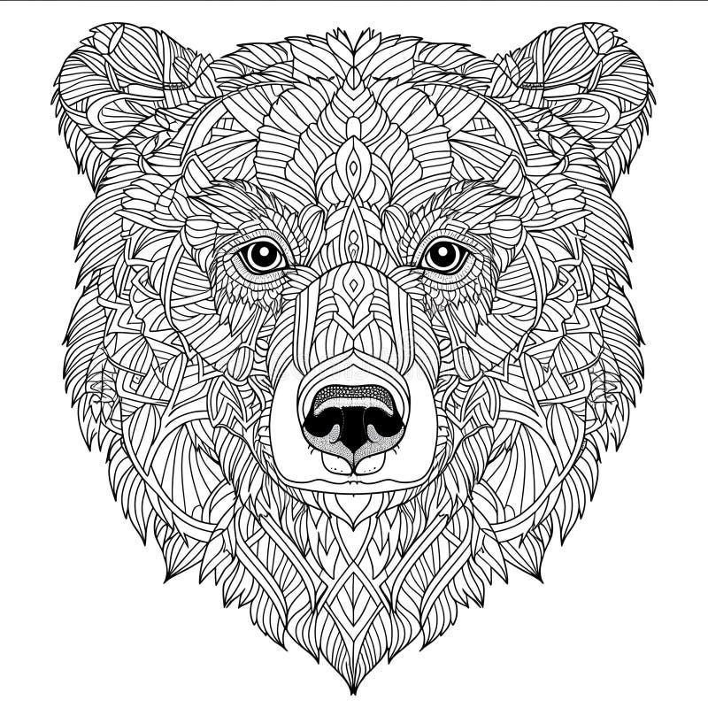 Detailed Black and White Illustration of a Bear S Head with Intricate ...