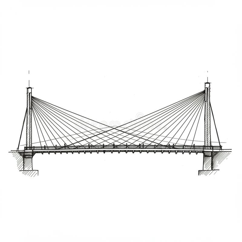 Detailed Black and White Illustration of a Cable-stayed Bridge ...