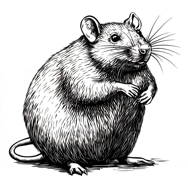 Detailed Black and White Illustration of a Fat Rat Sitting Stock ...