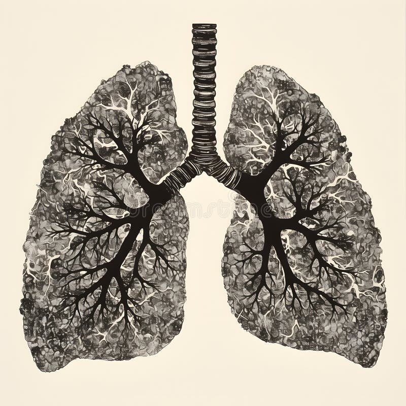 Black and White Anatomical Illustration of Lungs with Tree Branches ...