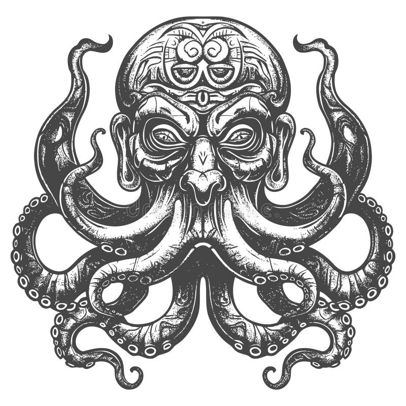 Detailed Black and White Illustration of a Humanoid Octopus with ...