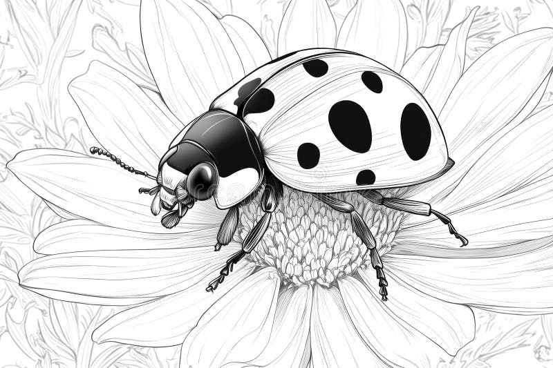 Detailed Black and White Illustration of a Ladybug Standing on a White ...