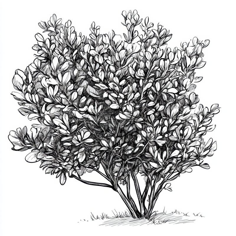 Detailed Black and White Illustration of a Leafy Bush Stock ...
