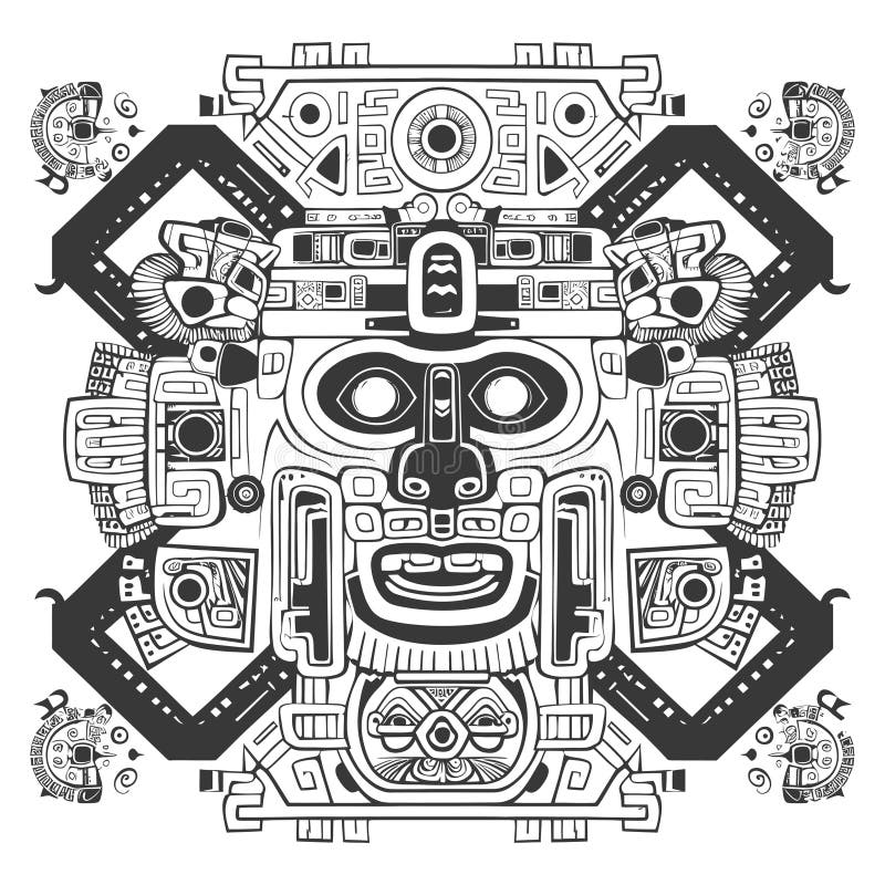Intricate Mayan-Style Geometric Mask Design, Black and White Vector ...