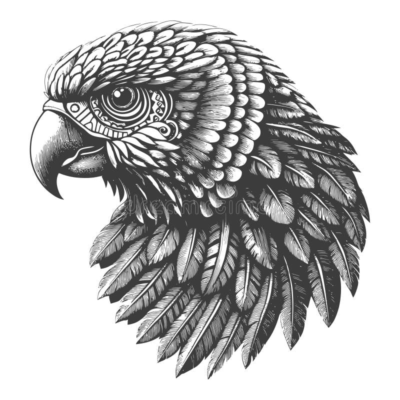 Ornate Parrot Head Profile: Intricate Woodcut Style Illustration Stock ...